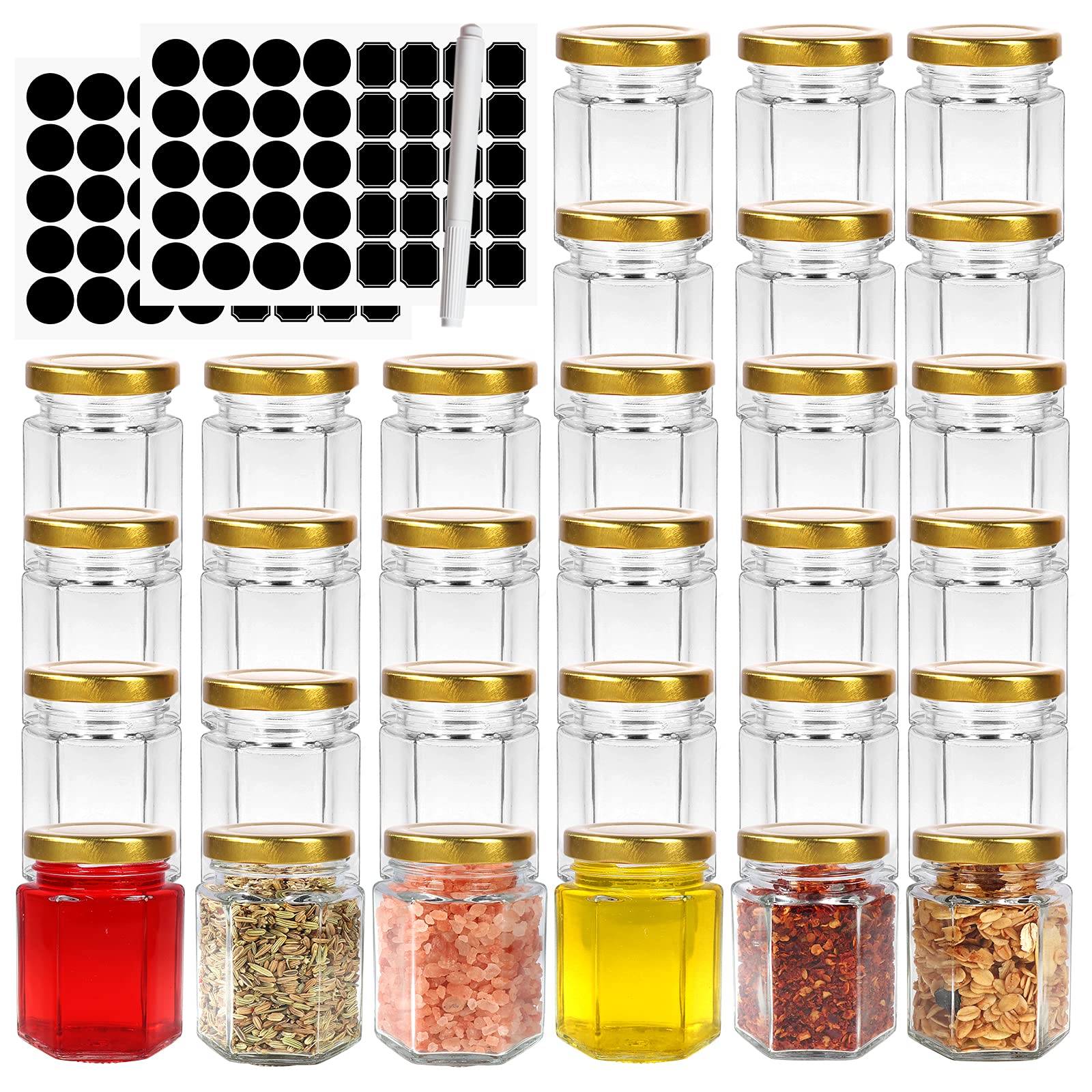 BIGIVACA 3 oz Hexagon Glass Jars with Golden Lids.Set of 30 Pack 90 ml Canning Jars Containers for Spice Jam,Jelly, Wedding Favors, Honey And More.Include 1 Chalk Pen and 80 Labels.