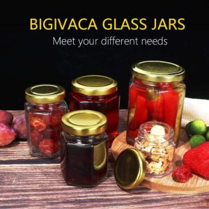 BIGIVACA 3 oz Hexagon Glass Jars with Golden Lids.Set of 30 Pack 90 ml Canning Jars Containers for Spice Jam,Jelly, Wedding Favors, Honey And More.Include 1 Chalk Pen and 80 Labels.