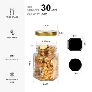 BIGIVACA 3 oz Hexagon Glass Jars with Golden Lids.Set of 30 Pack 90 ml Canning Jars Containers for Spice Jam,Jelly, Wedding Favors, Honey And More.Include 1 Chalk Pen and 80 Labels.