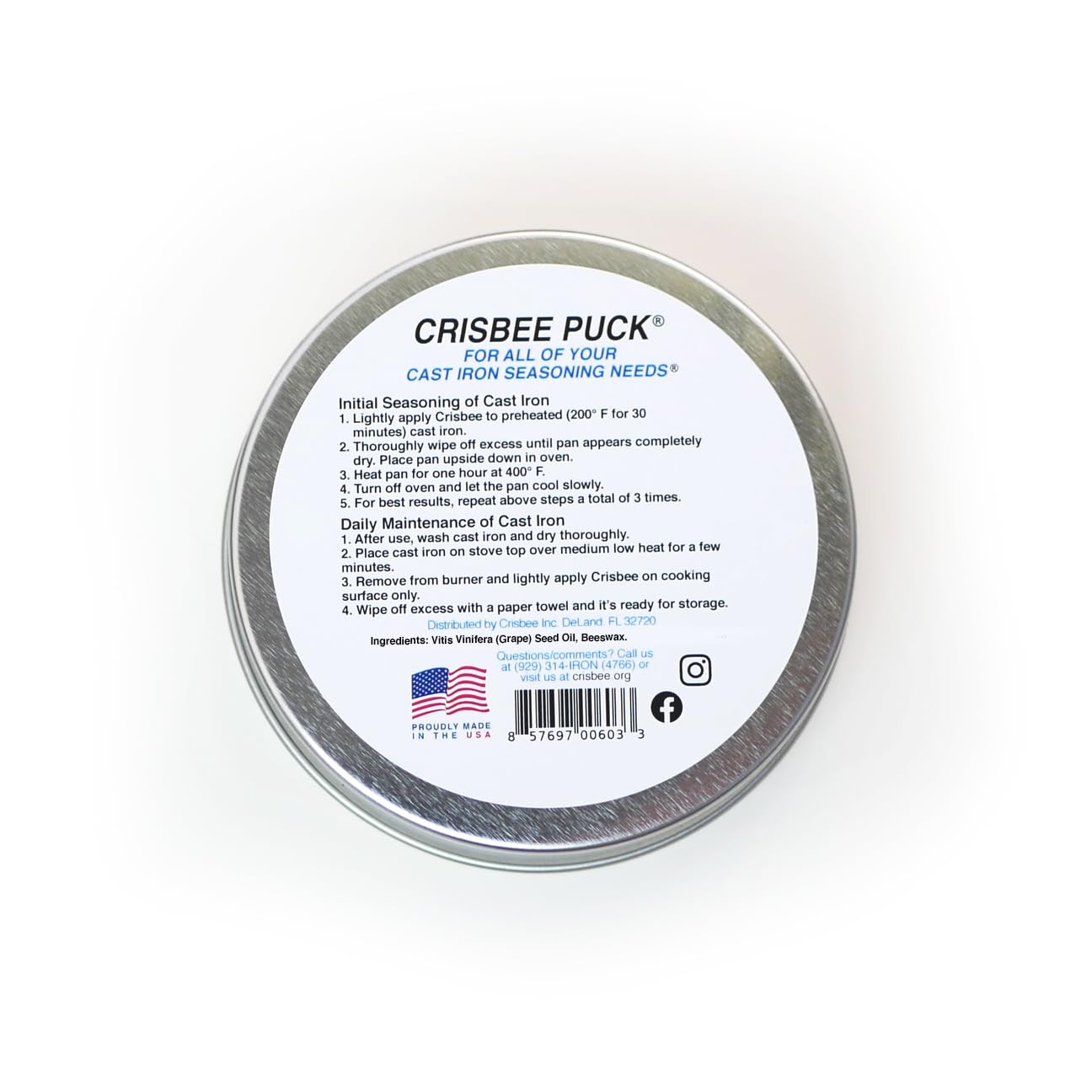 Crisbee Puck® Cast Iron and Carbon Steel Seasoning - Family Made in USA - The Cast Iron Seasoning Oil & Conditioner Preferred by Experts - Maintain a Cleaner Non-Stick Skillet