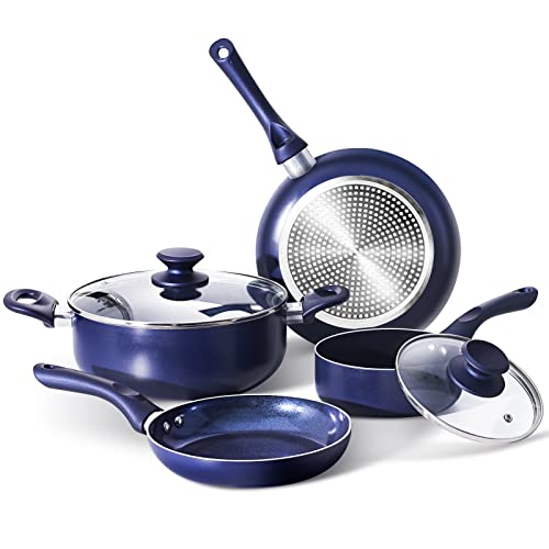 6 Pieces Pots and Pans Set,Aluminum Cookware Set, Nonstick Ceramic Coating, Fry Pan, Stockpot with Lid, Blue