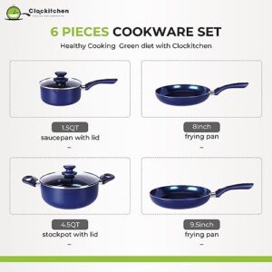 6 Pieces Pots and Pans Set,Aluminum Cookware Set, Nonstick Ceramic Coating, Fry Pan, Stockpot with Lid, Blue