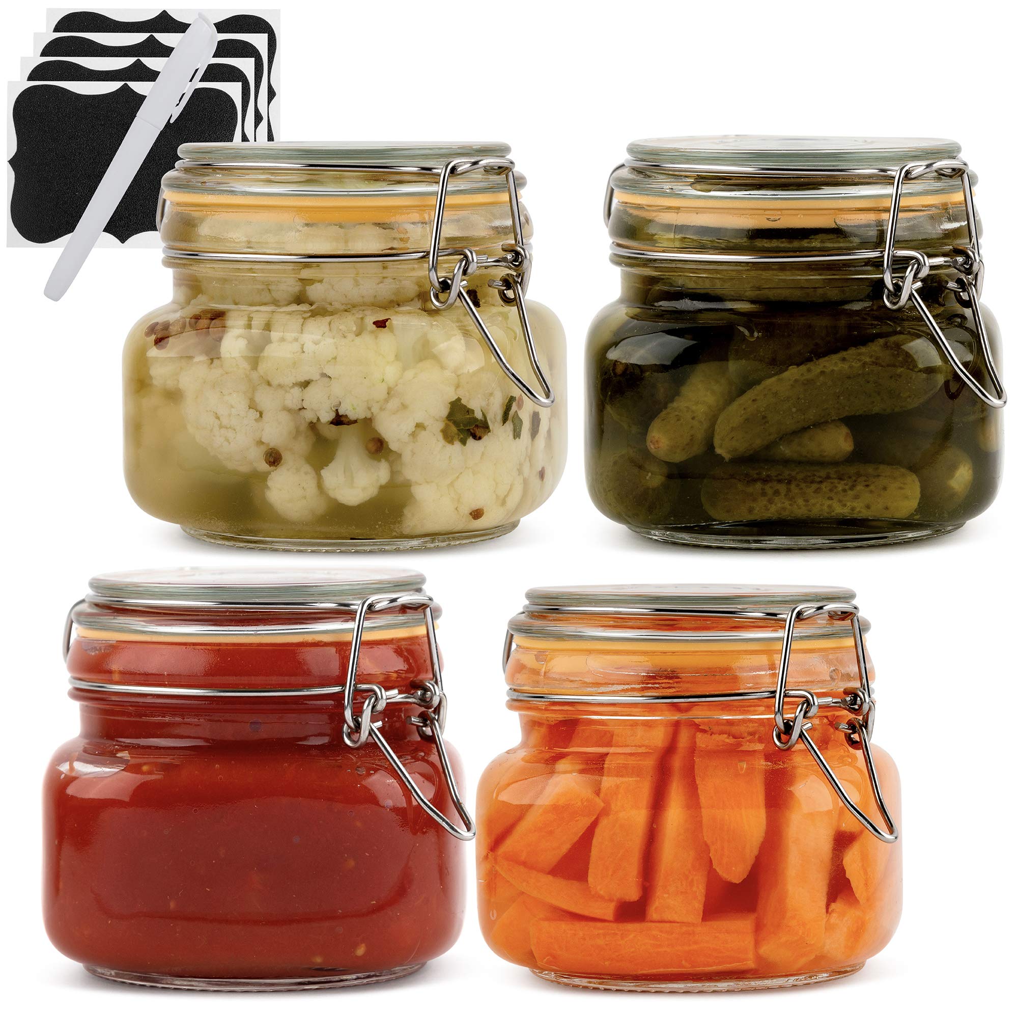 Glass Jars with Airtight Lid | Glass Airtight Food Storage Containers | Clear Leak Proof Rubber Gasket and Clamp Lid [Set of 4-17 oz]