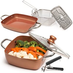 moss & stone copper 6 piece set chef cookware, non stick pan, deep square pan, fry basket, steamer tray, dishwasher & oven safe, 5 quart copper pot set, copper induction cookware set