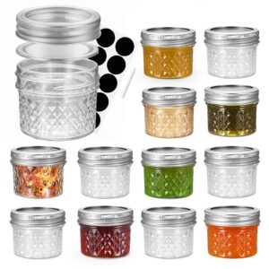 fruiteam 4 oz 12 pack mini mason jars with lids and bands, quilted crystal jars ideal for food storage, jam, body butters, jelly, wedding favors, baby foods