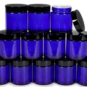 Vivaplex, 12, Cobalt Blue, 4 oz, Round Glass Jars, with Inner Liners and Black Lids