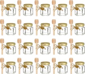 adabocute 20 pack mini honey jars - elegant glass honey pot with honey dipper, gold lid, bee pendants and jutes - perfect for baby shower favors, wedding favors