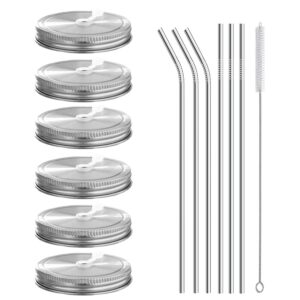 6pcs pack 304 stainless steel wide mouth mason jar lids with straw hole, including 6pcs stainless steel straws and 1pcs cleaning brush, compatible with ball & kerr mason jars