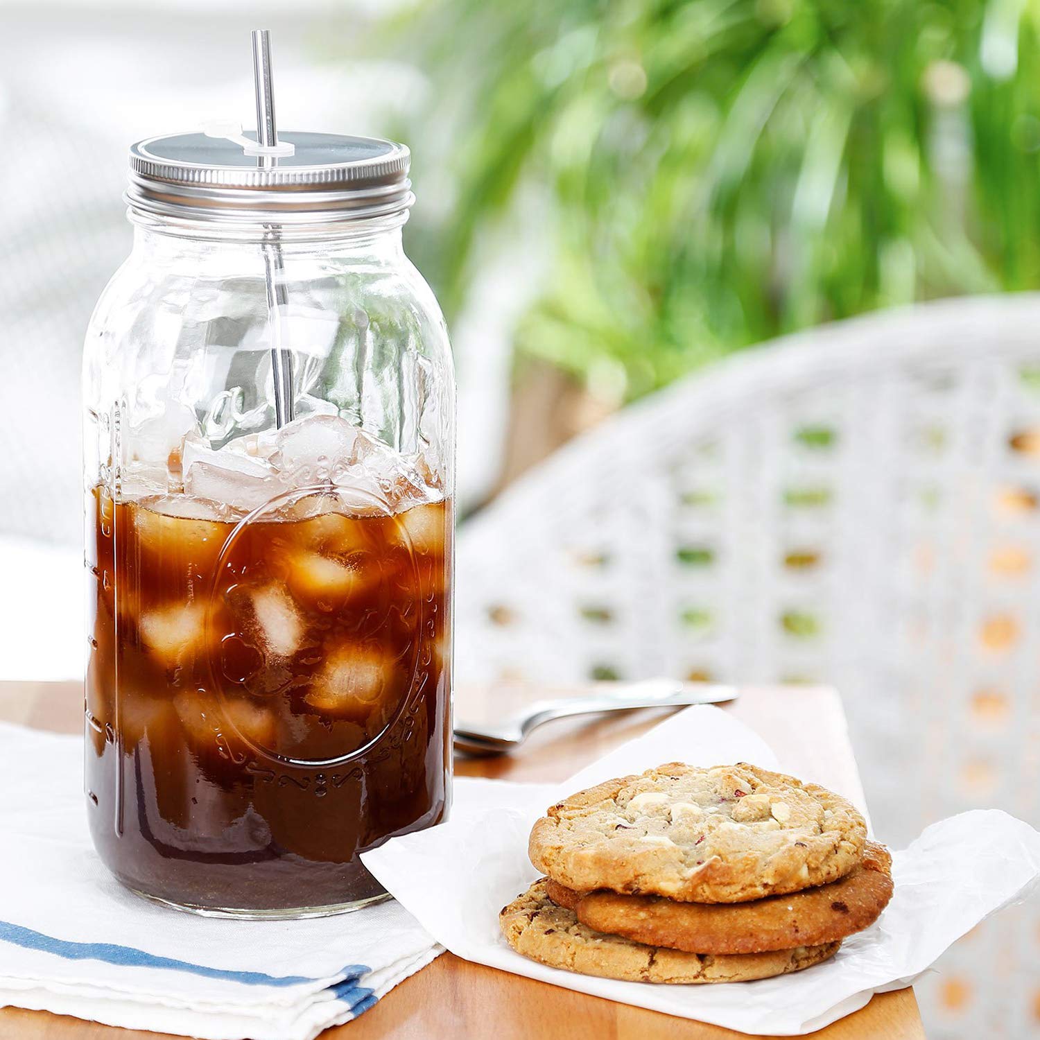 6pcs Pack 304 Stainless Steel Wide Mouth Mason Jar Lids with Straw Hole, Including 6pcs Stainless Steel Straws and 1pcs Cleaning Brush, Compatible with Ball & Kerr Mason Jars