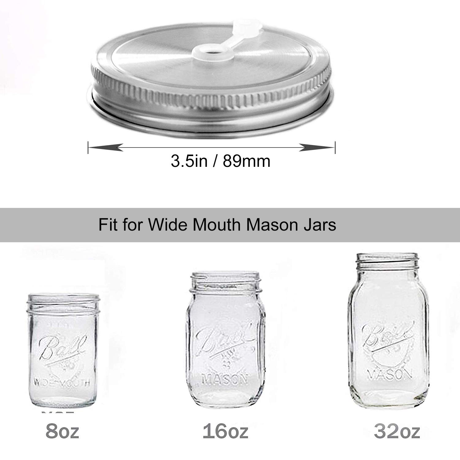 6pcs Pack 304 Stainless Steel Wide Mouth Mason Jar Lids with Straw Hole, Including 6pcs Stainless Steel Straws and 1pcs Cleaning Brush, Compatible with Ball & Kerr Mason Jars