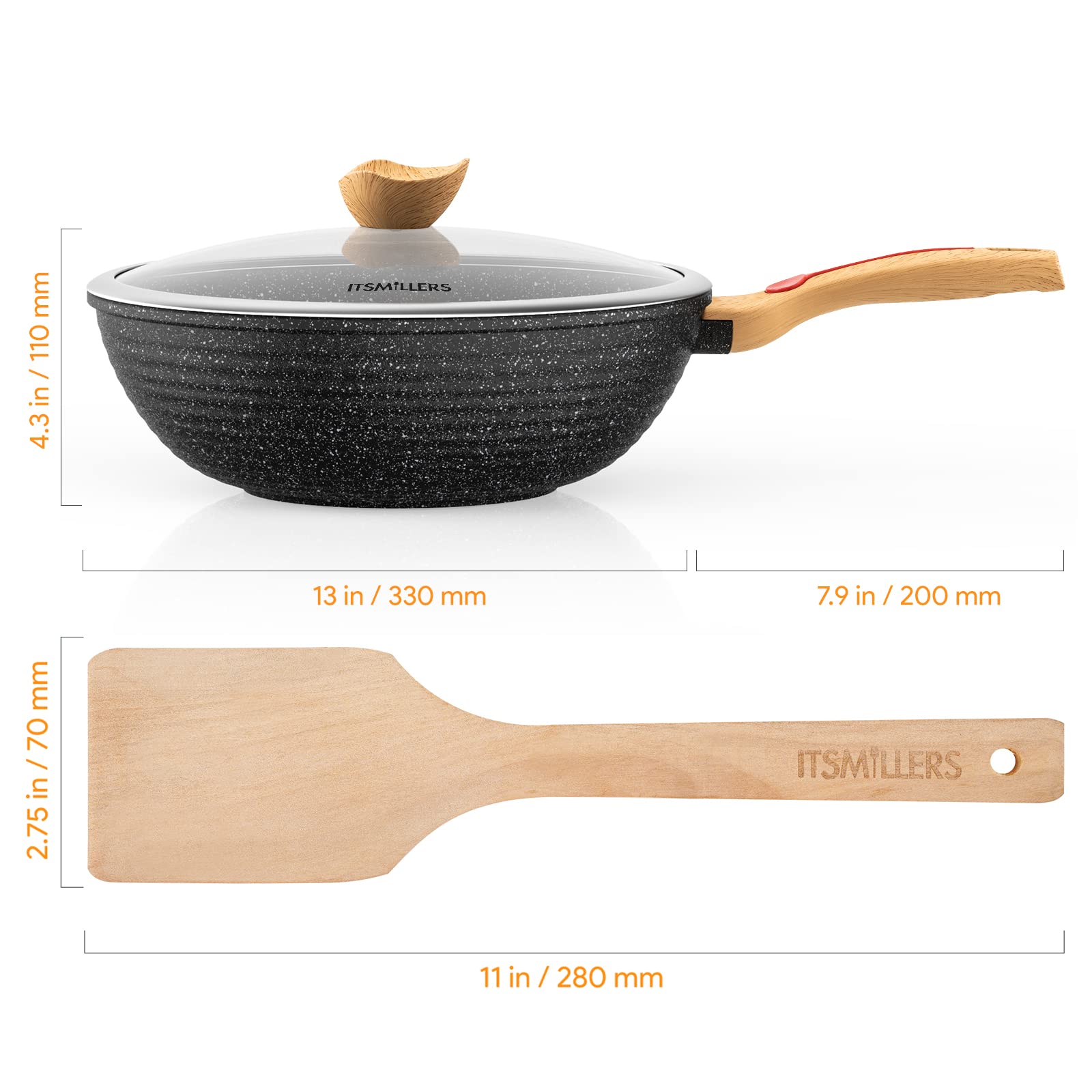 ITSMILLERS Chinese Wok Die-casting Nonstick Wok Scratch Resistant With Lid and Spatula, PFOA-Free,Dishwasher Safe & Induction Bottom 12.5 Inch,6L