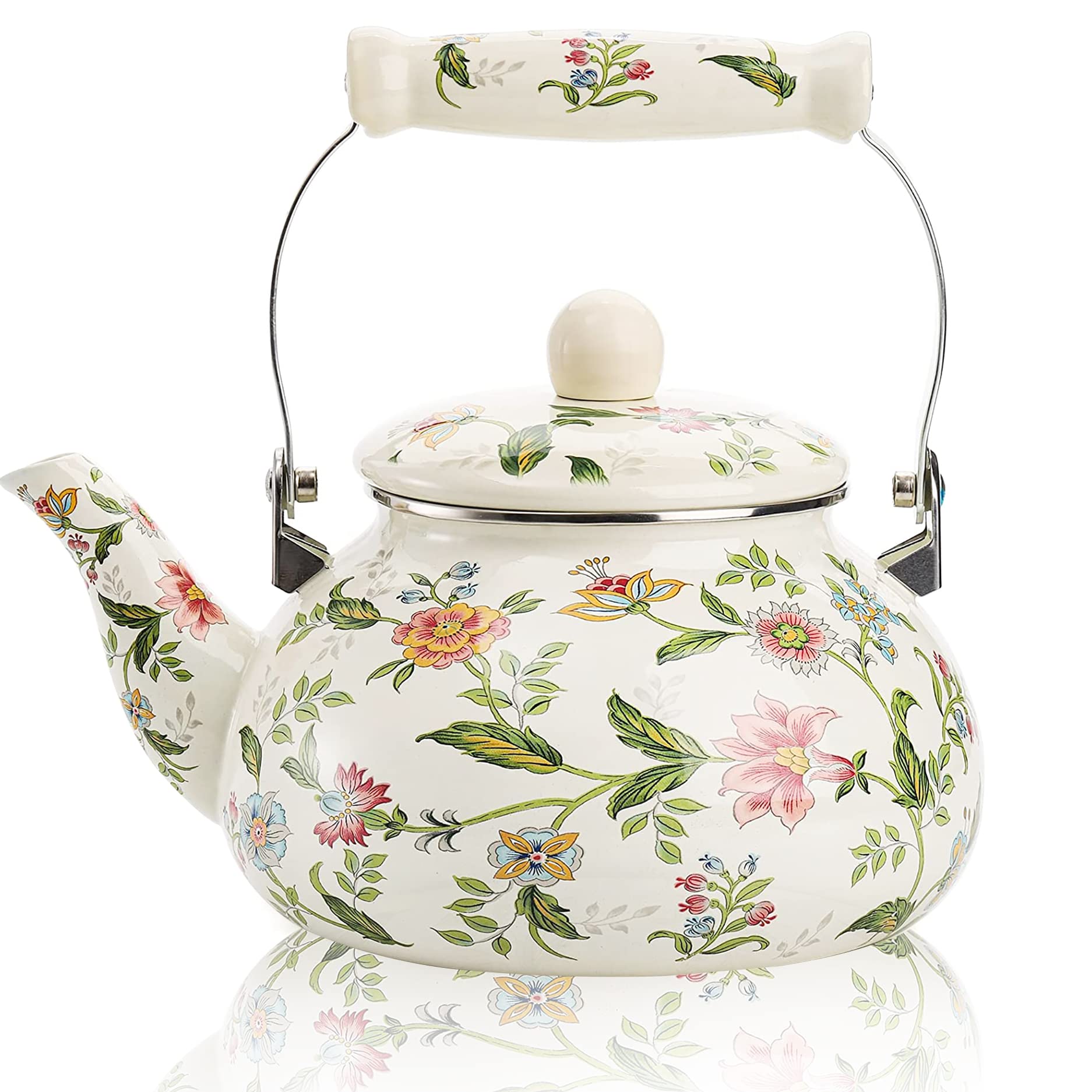 OLYTARU Enamel Teapot floral,Large Porcelain Enameled Teakettle,Colorful Water Tea Kettle pot for Stovetop,Small Retro Classic Design (style01 Growing)