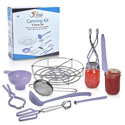 Canning Supplies Starter Kit in Lavender - 9-Piece Canning Tools Set with Stainless-Steel Rack, Ladle, Jar Funnel, Jar Lifter, Magnetic Lid Lifter, Jar Wrench, Strainer, Kitchen Tongs, Bubble Popper