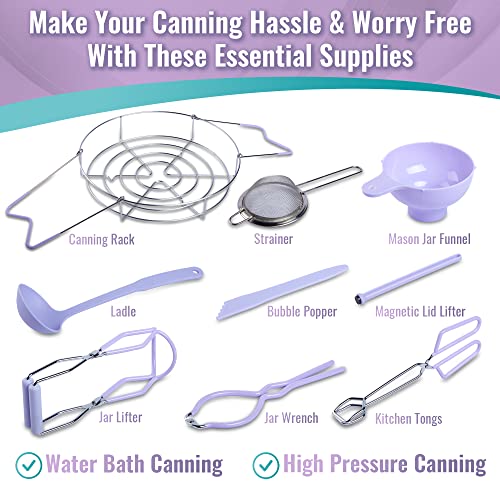 Canning Supplies Starter Kit in Lavender - 9-Piece Canning Tools Set with Stainless-Steel Rack, Ladle, Jar Funnel, Jar Lifter, Magnetic Lid Lifter, Jar Wrench, Strainer, Kitchen Tongs, Bubble Popper