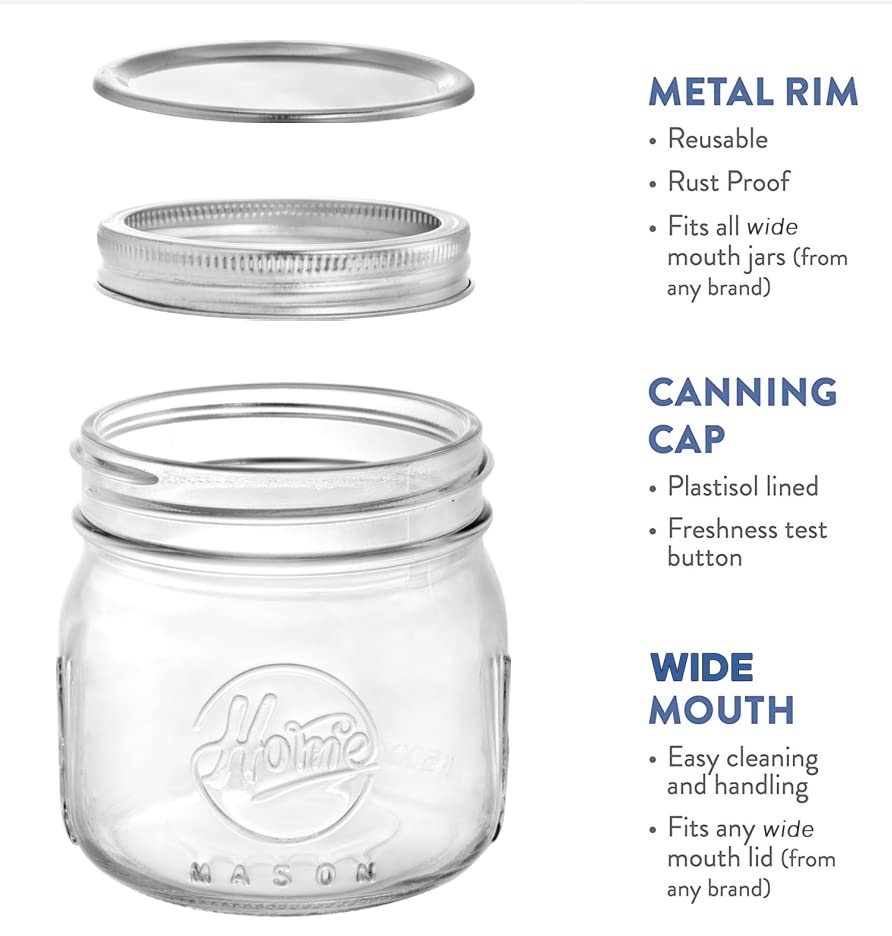 Tebery 12 Pack Wide Mouth Home Glass Mason Jars with Airtight Lids and Bands, 16Oz Canning Glass Jars for Canning, Fermenting, Pickling, Decor