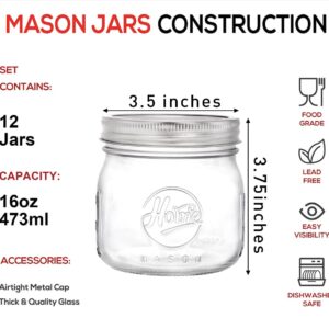 Tebery 12 Pack Wide Mouth Home Glass Mason Jars with Airtight Lids and Bands, 16Oz Canning Glass Jars for Canning, Fermenting, Pickling, Decor