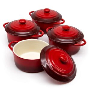 kook ceramic mini cocotte set, small casserole dishes with lids and handles, individual baking ramekins, oven, microwave & dishwasher safe, stoneware, 12 oz, set of 4