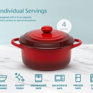 Kook Ceramic Mini Cocotte Set, Small Casserole Dishes with Lids and Handles, Individual Baking Ramekins, Oven, Microwave & Dishwasher Safe, Stoneware, 12 oz, Set of 4