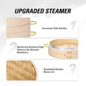 MacaRio Bamboo Steamer Basket Set 10 inch Steamer for Cooking, with Side Handles Chopsticks Ceramic Sauce Dishes Paper Liners, for Dim Sum Dumplings Buns Seafoods Rice Asian Foods