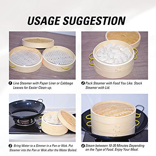 MacaRio Bamboo Steamer Basket Set 10 inch Steamer for Cooking, with Side Handles Chopsticks Ceramic Sauce Dishes Paper Liners, for Dim Sum Dumplings Buns Seafoods Rice Asian Foods