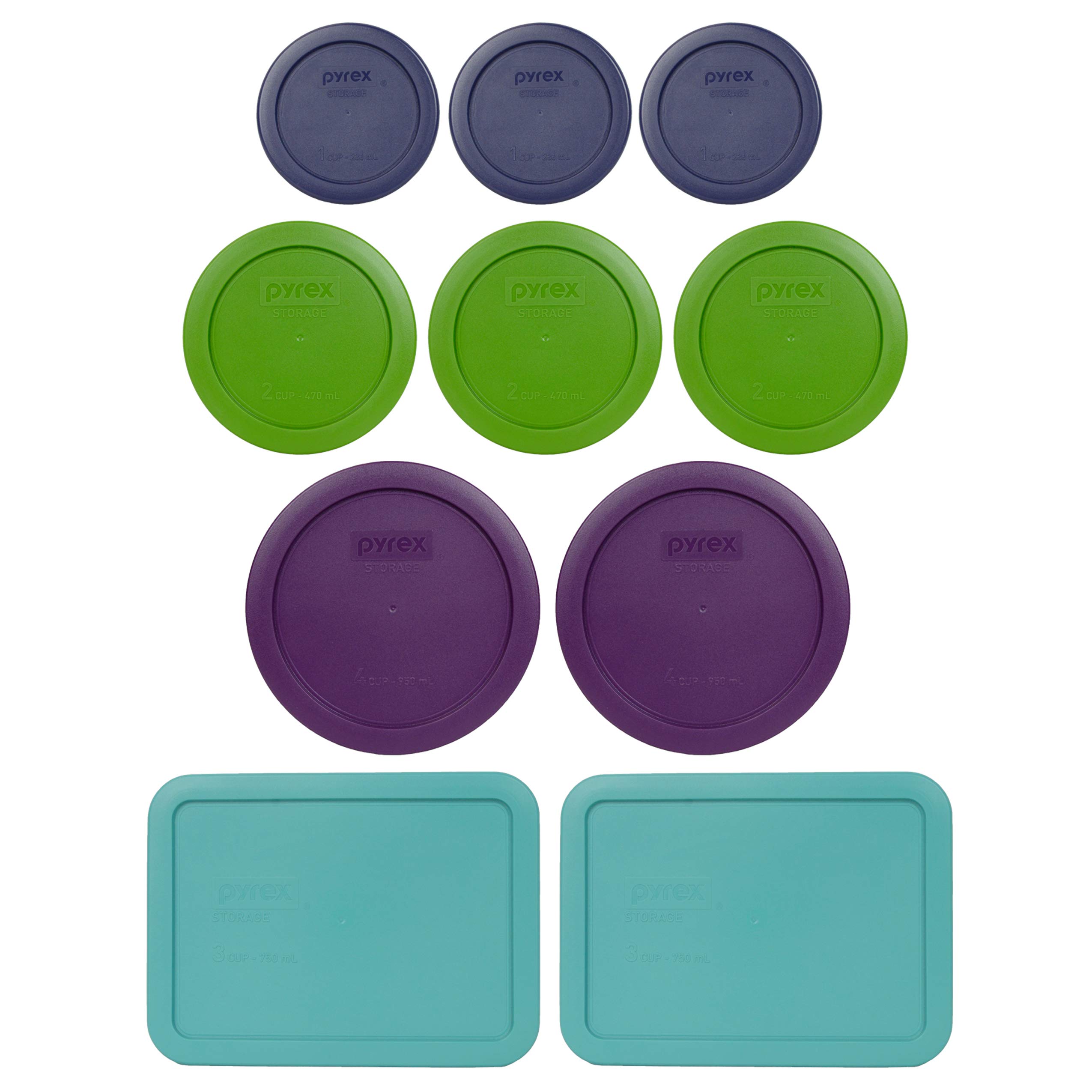 Pyrex Bundle - 10 Items: (3) 7202-PC Dark Blue Lids & (3) 7200-PC lawn green lids & (2) 7201-PC Purple Lids & (2) 7210-PC Turquoise Lids Made in the USA