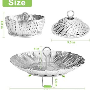 Stainless Steel Steamer Basket, Vegetable Steamer Basket for Instant Pot, Insert for Veggie/Seafood Cooking/Boiled Eggs with Safety Tool - Adjustable Sizes to fit Various Pots (5.1" to 9.5")