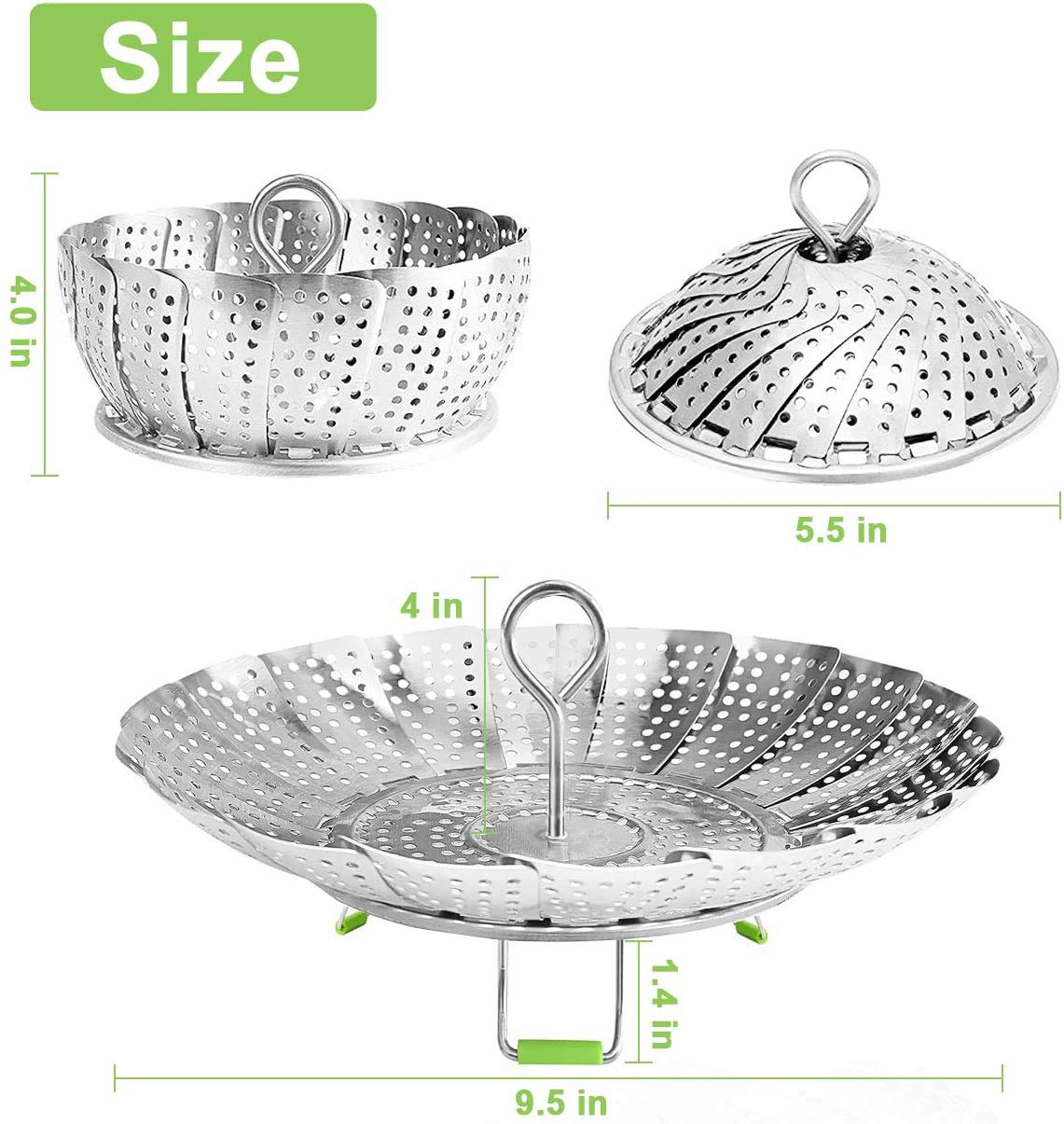 Stainless Steel Steamer Basket, Vegetable Steamer Basket for Instant Pot, Insert for Veggie/Seafood Cooking/Boiled Eggs with Safety Tool - Adjustable Sizes to fit Various Pots (5.1" to 9.5")