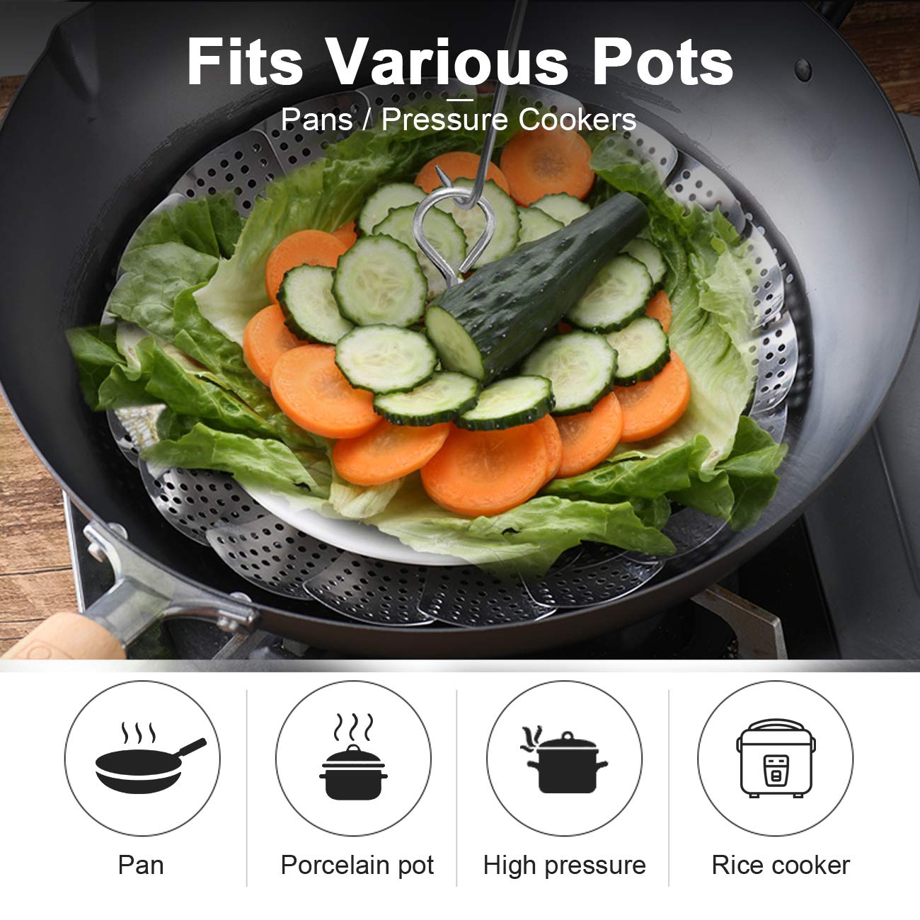 Stainless Steel Steamer Basket, Vegetable Steamer Basket for Instant Pot, Insert for Veggie/Seafood Cooking/Boiled Eggs with Safety Tool - Adjustable Sizes to fit Various Pots (5.1" to 9.5")