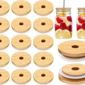 70mm Bamboo Jar Lids with Straw Hole for Glass Cups Reusable Wooden Mason Jar Lids Bulk for Beer Can Cups, 2.76 Inch Canning Lids with Silicone Ring for Regular Mouth Drinking Jars(20 Pieces)