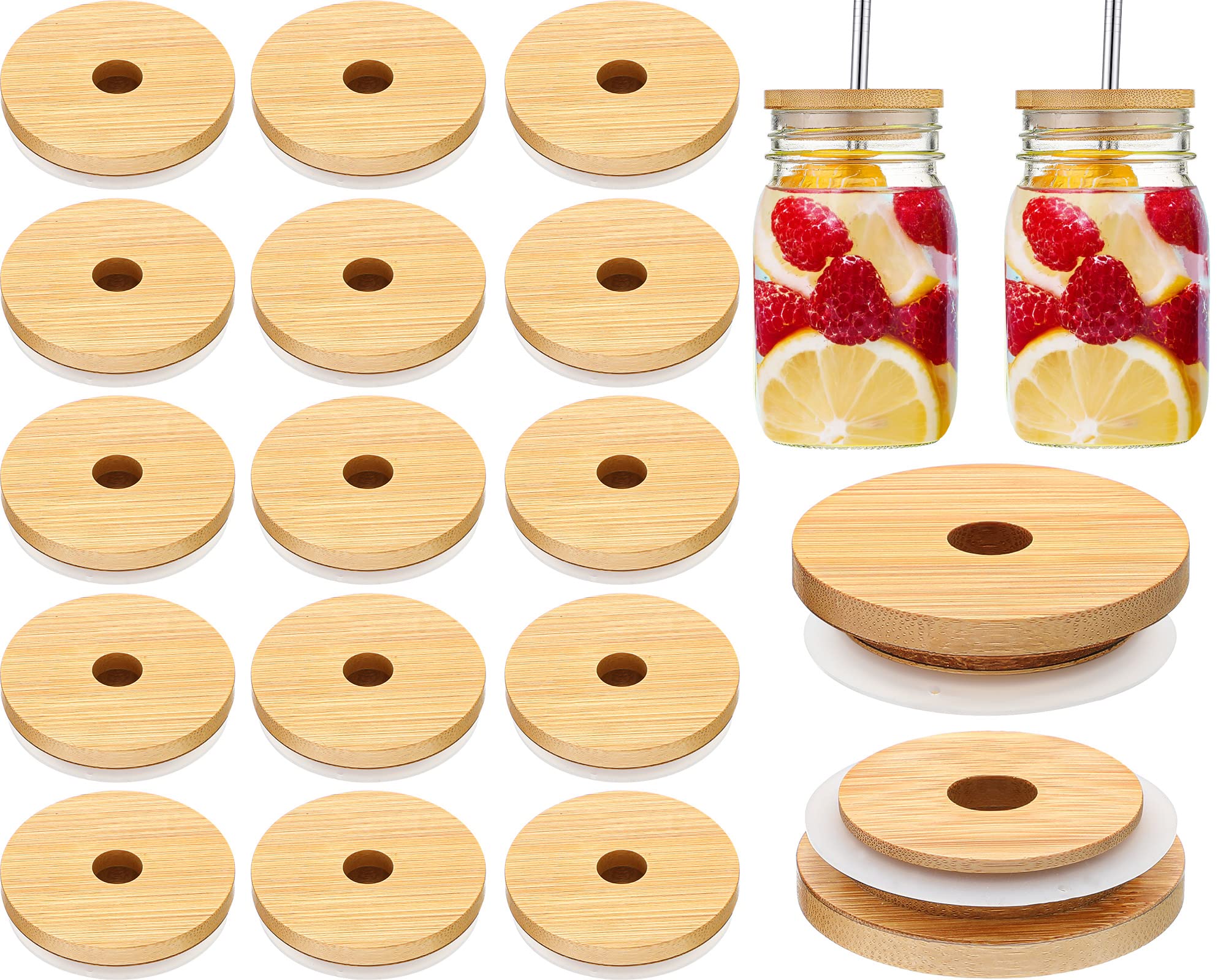 70mm Bamboo Jar Lids with Straw Hole for Glass Cups Reusable Wooden Mason Jar Lids Bulk for Beer Can Cups, 2.76 Inch Canning Lids with Silicone Ring for Regular Mouth Drinking Jars(20 Pieces)