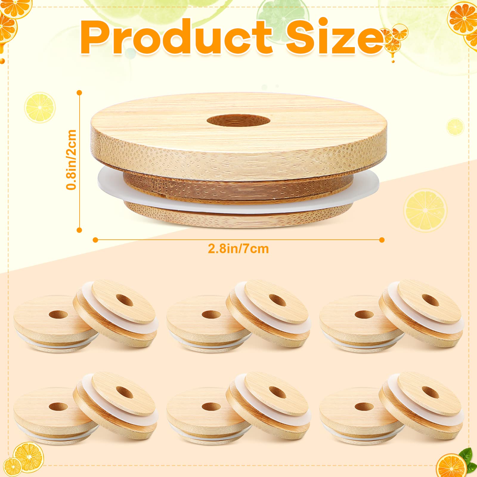 70mm Bamboo Jar Lids with Straw Hole for Glass Cups Reusable Wooden Mason Jar Lids Bulk for Beer Can Cups, 2.76 Inch Canning Lids with Silicone Ring for Regular Mouth Drinking Jars(20 Pieces)