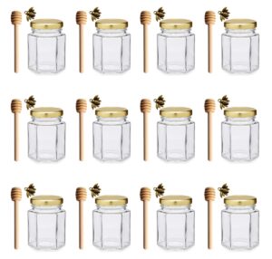 adabocute 4oz hexagonal honey jars - glass honey jars with gold lids, wooden dippers, bee charms and jutes - hexagon honey jars for baby shower, wedding and party favors, 12 pack