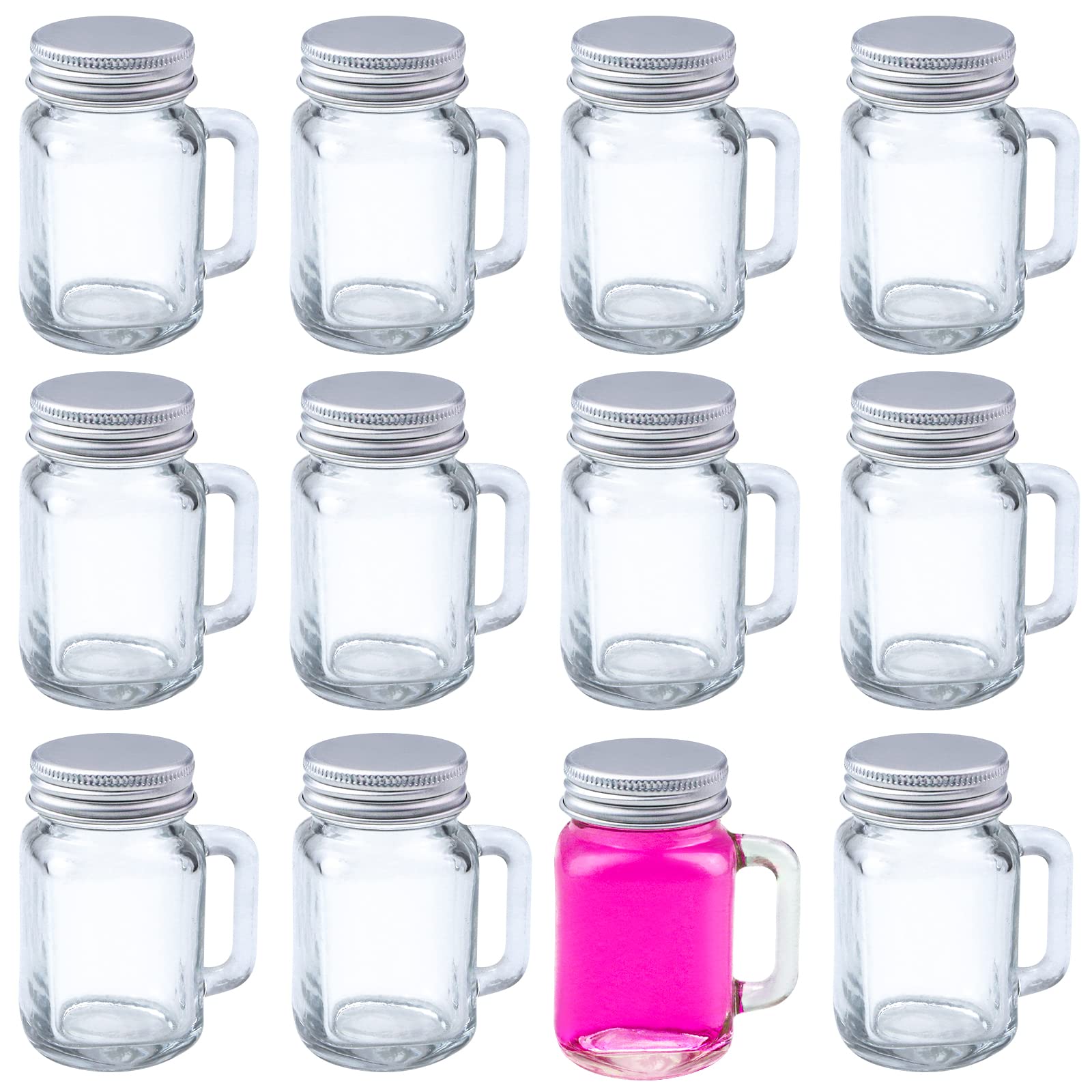 FIREBOOMOON 12 Pack Mini Mason Jar with Handles,1.7oz/50ml,Premium Shot Glasses with Leakproof Lids for Drink,Dessert,Condiments,Jams,Candle,Craft