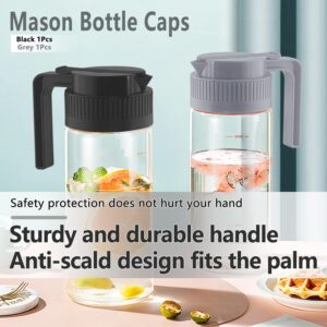 2 Pack Flip Cap Lid with Handle, Sliding Lid & Easy Pour Spout Wide Mouth Mason Jar Lids Reusable, Leak-Proof Seal Spout Mason Jar Pitcher, Grey+Black