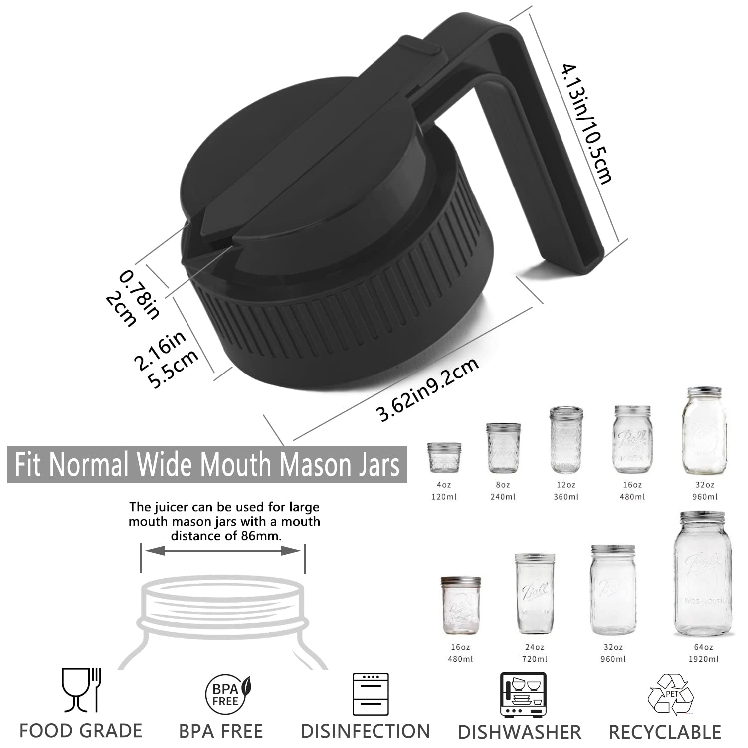 2 Pack Flip Cap Lid with Handle, Sliding Lid & Easy Pour Spout Wide Mouth Mason Jar Lids Reusable, Leak-Proof Seal Spout Mason Jar Pitcher, Grey+Black