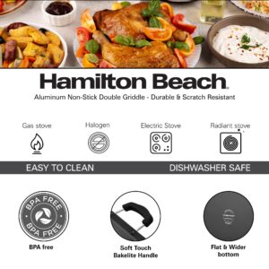 Hamilton Beach Nonstick Double Griddle 19x11-Inch - Black Aluminum Griddle with Soft Touch Bakelite Handle - Flared Edge - Spiral Bottom, Easy to Clean, Multipurpose Use - Durable & Dishwasher Safe