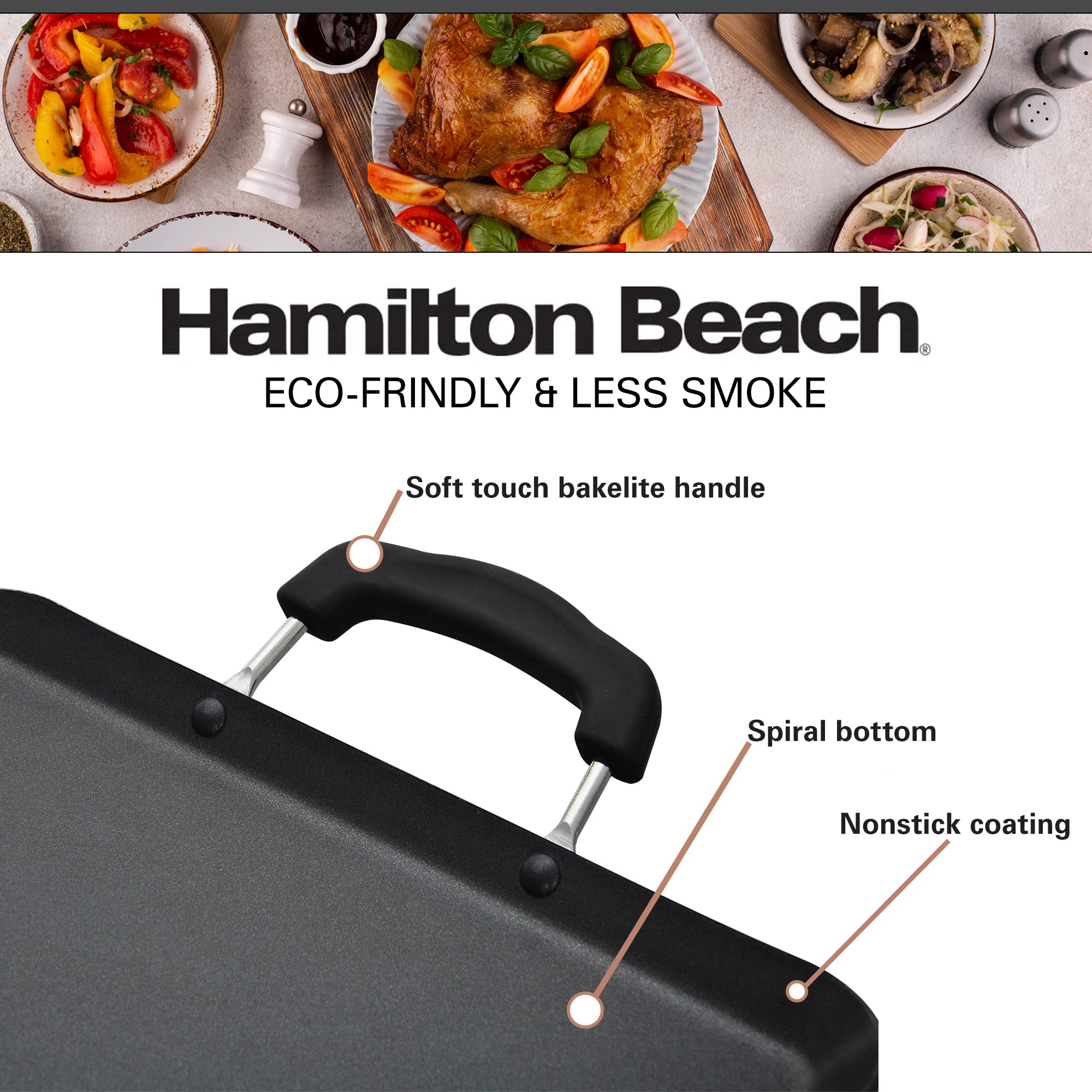 Hamilton Beach Nonstick Double Griddle 19x11-Inch - Black Aluminum Griddle with Soft Touch Bakelite Handle - Flared Edge - Spiral Bottom, Easy to Clean, Multipurpose Use - Durable & Dishwasher Safe