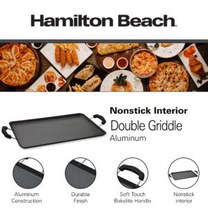 Hamilton Beach Nonstick Double Griddle 19x11-Inch - Black Aluminum Griddle with Soft Touch Bakelite Handle - Flared Edge - Spiral Bottom, Easy to Clean, Multipurpose Use - Durable & Dishwasher Safe