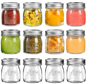 12pack mason jars 8oz with airtight lids and bands - regular mouth glass canning jars, small half pint mason jars for preserving, pickling, honey, jam, jelly, kitchen spice jars, diy gift