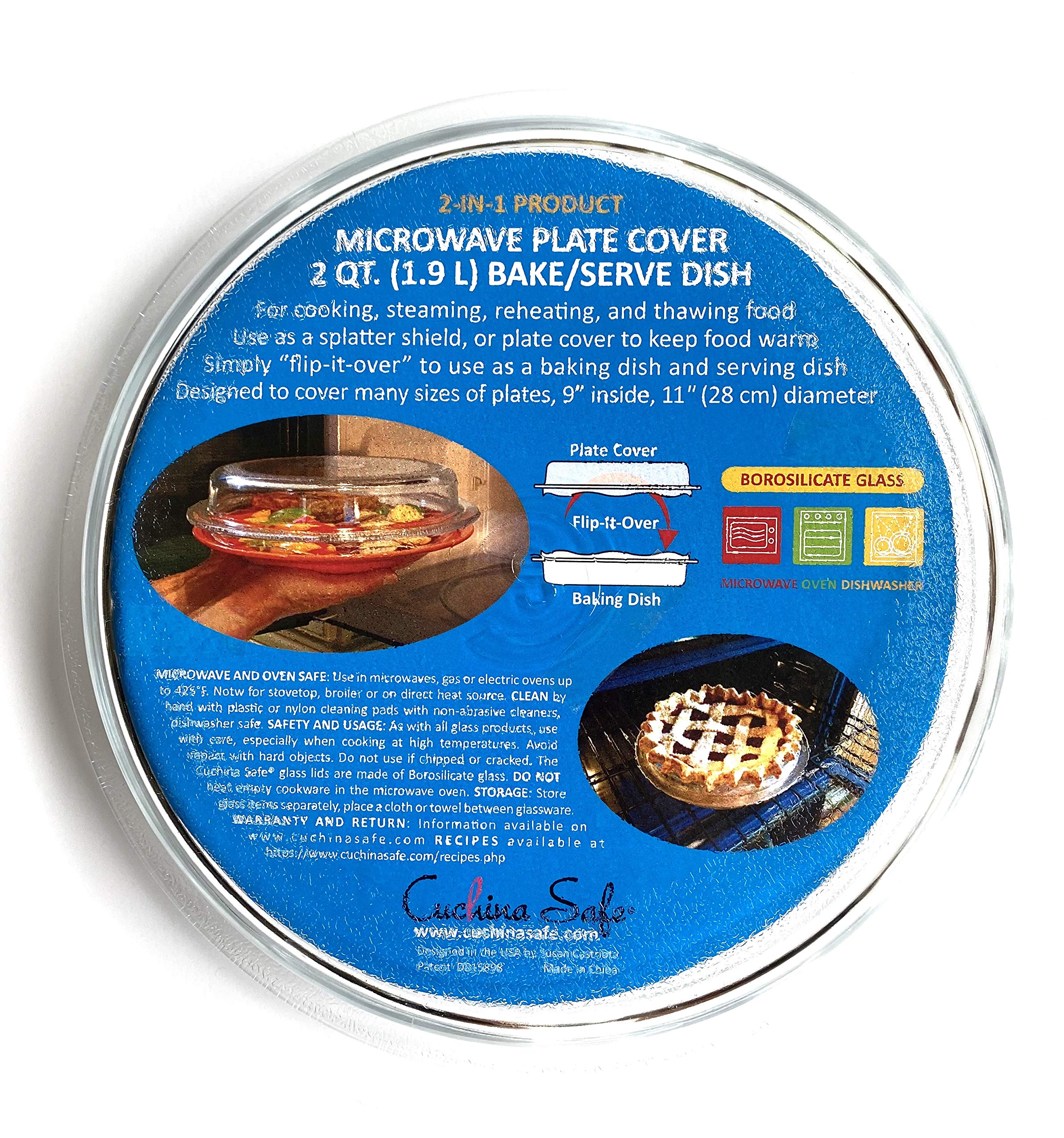 Cuchina Safe 2-in-1 Cover ‘n Cook Vented Glass Microwave Plate Cover and Baking Dish; Easy to Grip for Baking and Serving