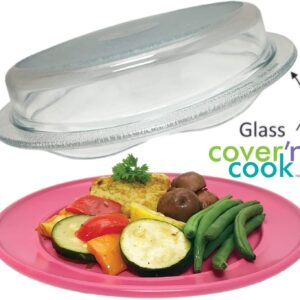 Cuchina Safe 2-in-1 Cover ‘n Cook Vented Glass Microwave Plate Cover and Baking Dish; Easy to Grip for Baking and Serving