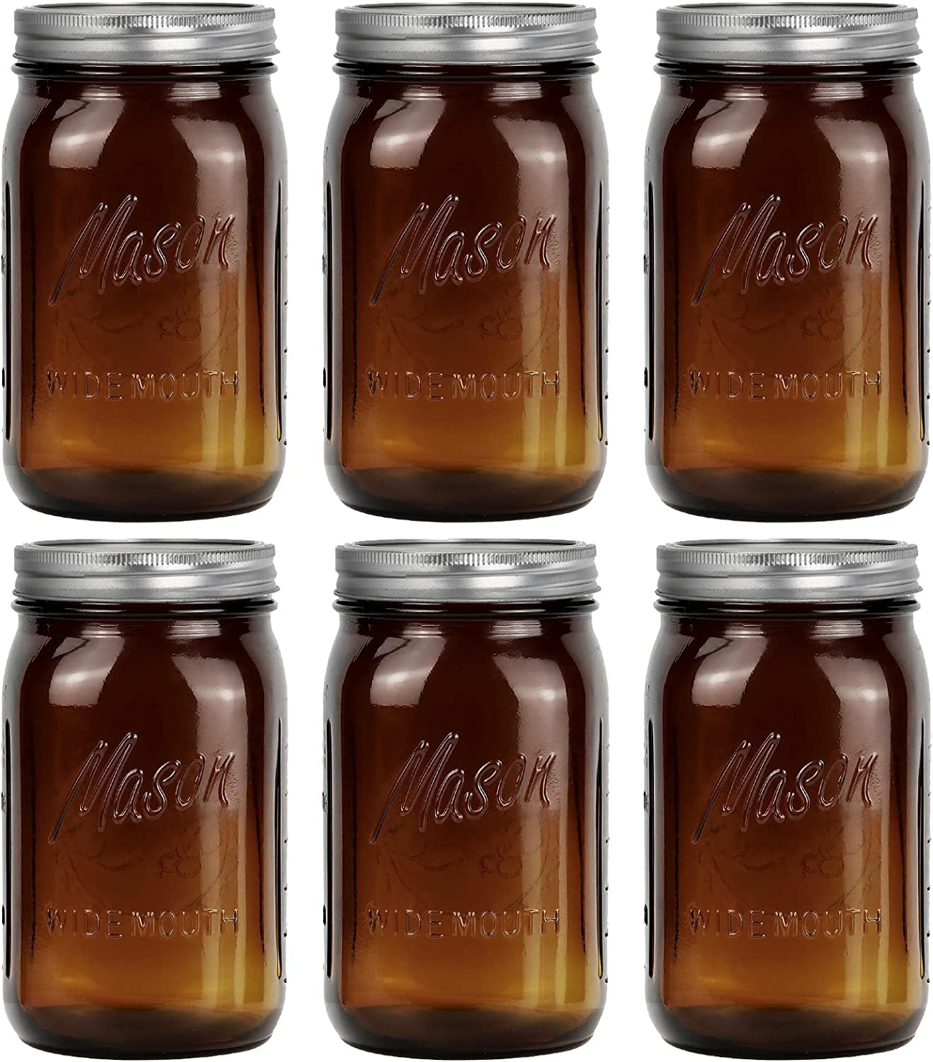 Tebery 6 Pack Amber Wide Mouth Quart Mason Jars, 32Oz Canning Glass Jars with Airtight lids and Bands for Canning, Freezing, Preserving, Beverages & Jar Decor