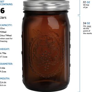 Tebery 6 Pack Amber Wide Mouth Quart Mason Jars, 32Oz Canning Glass Jars with Airtight lids and Bands for Canning, Freezing, Preserving, Beverages & Jar Decor