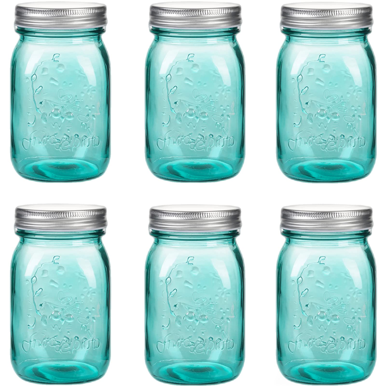 16 oz Teal Mason Jars with Lids，Regular Mouth Canning Jar, 6 Pack Multifunction Glass Container, for Storage, Canning, Pickling, Preserving, Fermenting, DIY Crafts & Decor