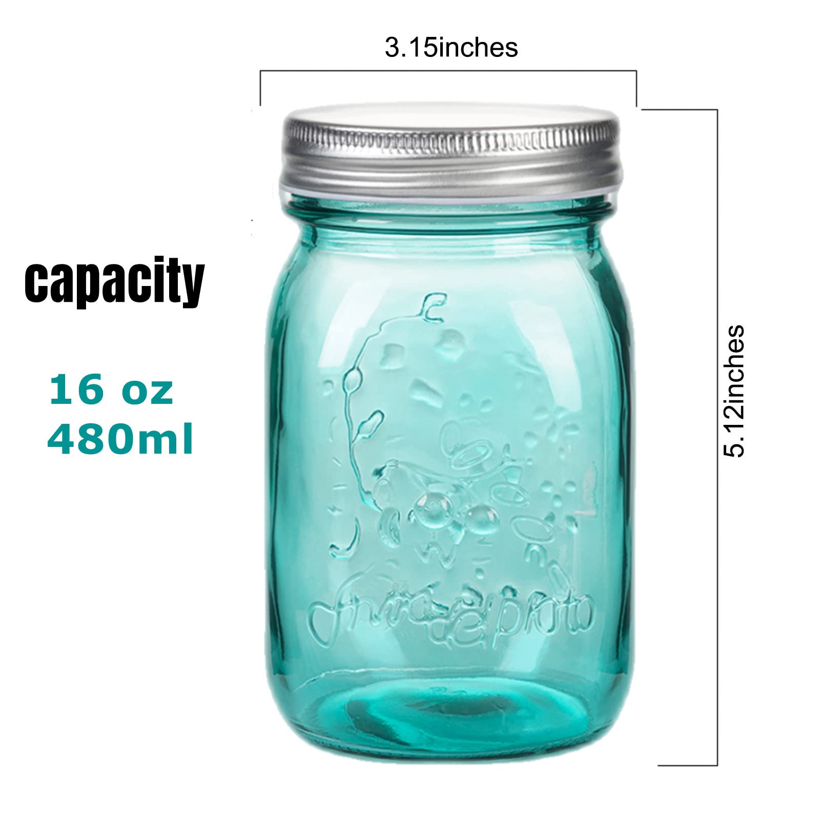 16 oz Teal Mason Jars with Lids，Regular Mouth Canning Jar, 6 Pack Multifunction Glass Container, for Storage, Canning, Pickling, Preserving, Fermenting, DIY Crafts & Decor