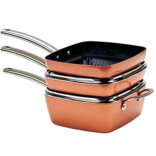 Copper Chef Stack-able Black Diamond 5-piece Non-Stick Fry Pan Set, 9.5 Inch grill pan, 9.5 Inch griddle pan, 4.5 Quart saucepan Recipes Cookbook Included