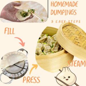 10 Inch Bamboo Steamer Basket with Steamer Ring- Steaming Basket for use as Dumpling Steamer, Bao Steamer, Dim Sum Steamer, Bun Steamer Basket Bamboo- Includes 2 Dumpling Maker Molds, 40 Liners & More