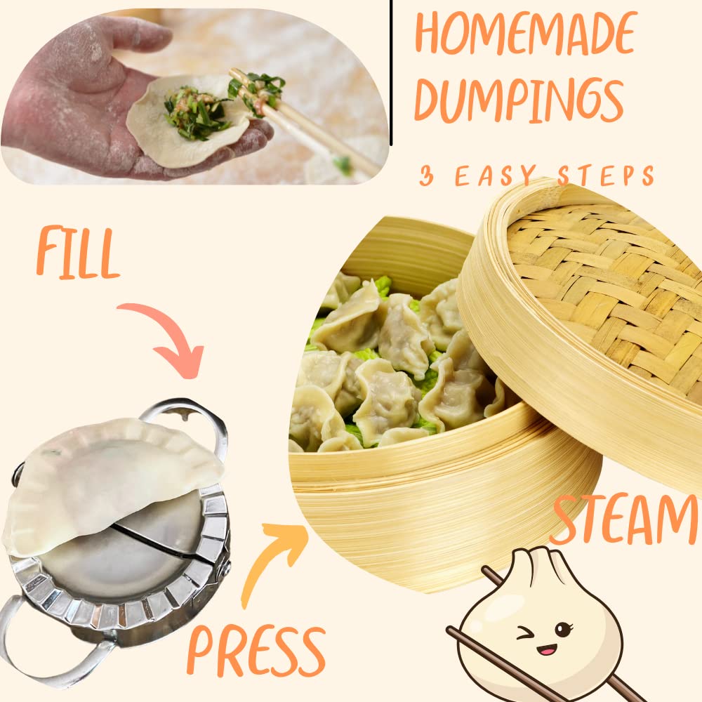 10 Inch Bamboo Steamer Basket with Steamer Ring- Steaming Basket for use as Dumpling Steamer, Bao Steamer, Dim Sum Steamer, Bun Steamer Basket Bamboo- Includes 2 Dumpling Maker Molds, 40 Liners & More