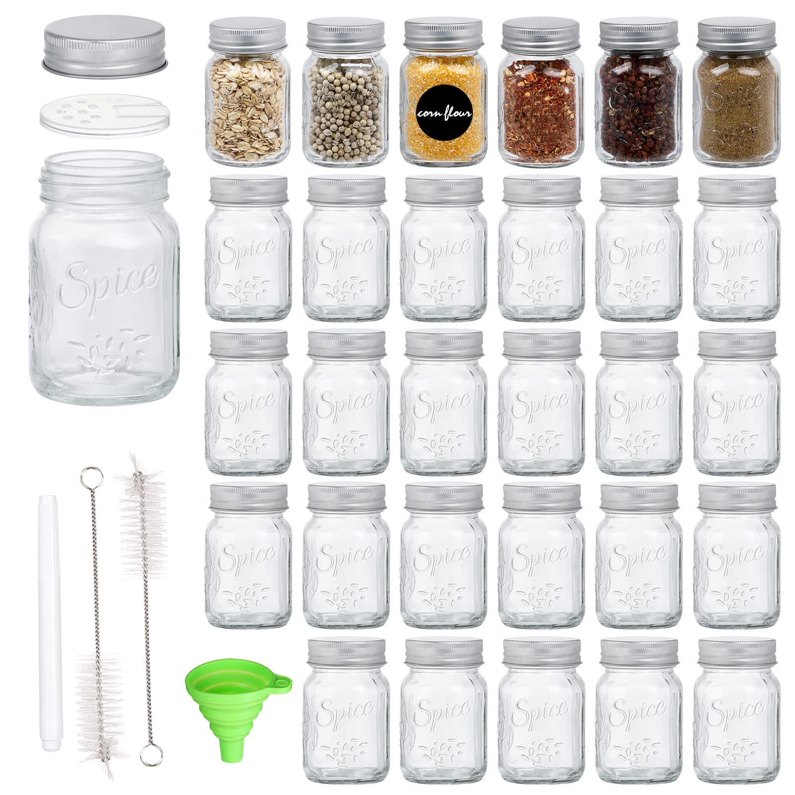 Mcupper 30 Pack 4oz Glass Mason Spice Jars Bottles, Empty Round Containers with Silver Airtight Metal Caps and Pour/Sift Shaker Lid