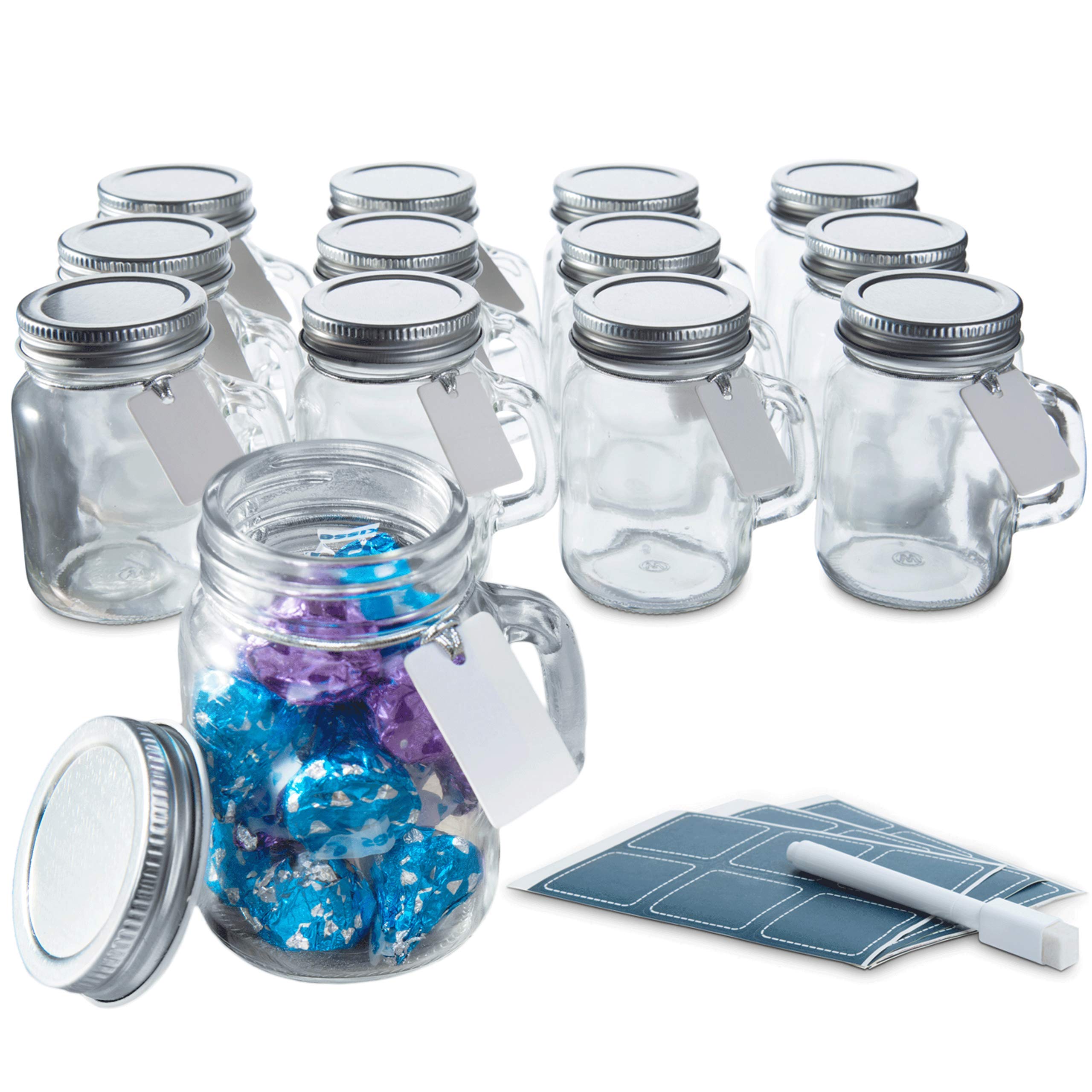 Otis Classic Glass Mason Jars - Mini Mason Jar Glasses with Lids & Handles for Halloween Decorations & Fall Décor, 3.4 Ounce Pack of 12 Mini Mason Jars with 18 Chalkboard Stickers, 20 Labels & Pen